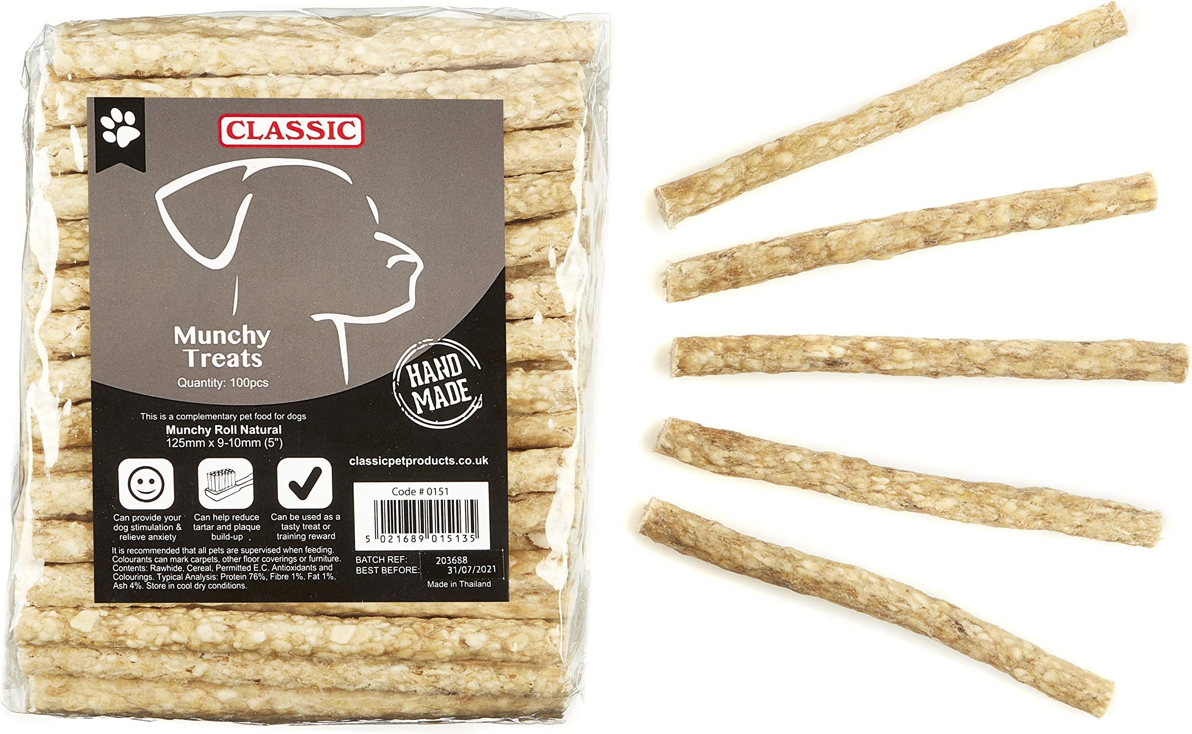 Classic for Dogs Munchy Roll, Natural, 125 x 9-10 mm, Pack of 100 ...