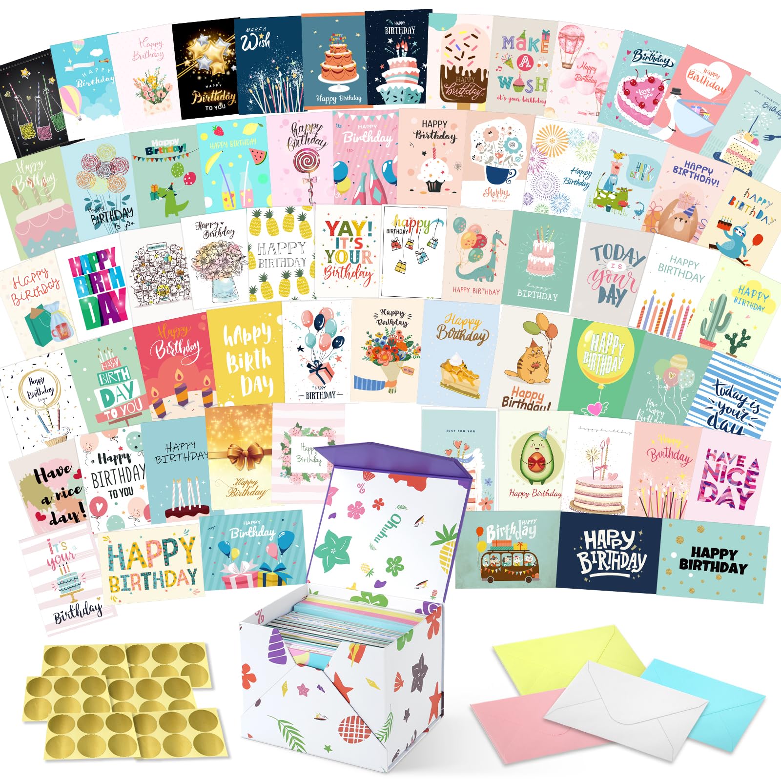 Amazon.com : 64 Unique Birthday Cards with Colorful Envelopes and Gold ...