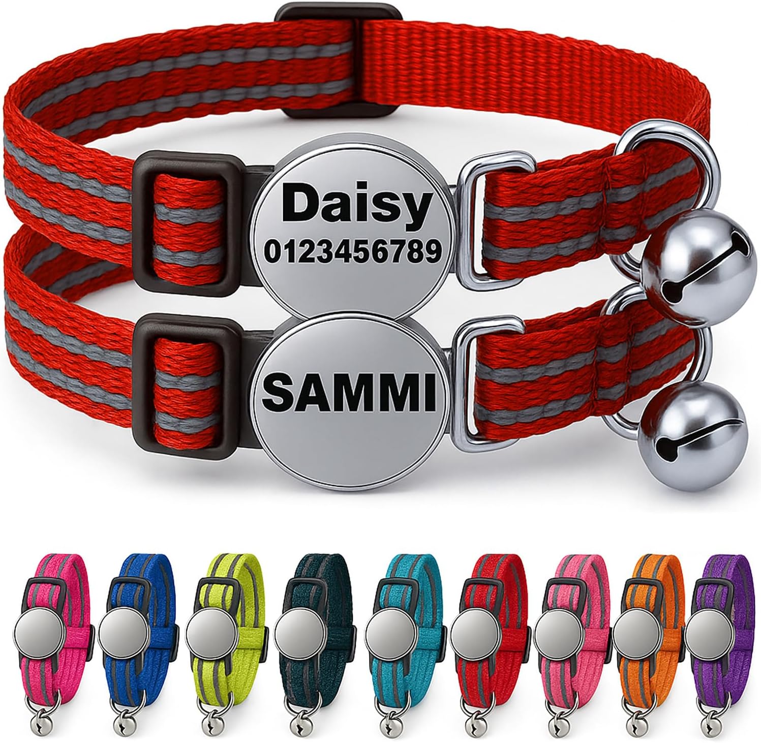 2-Pack Personalised Cat Collar with Name & Phone Number – Reflective ...