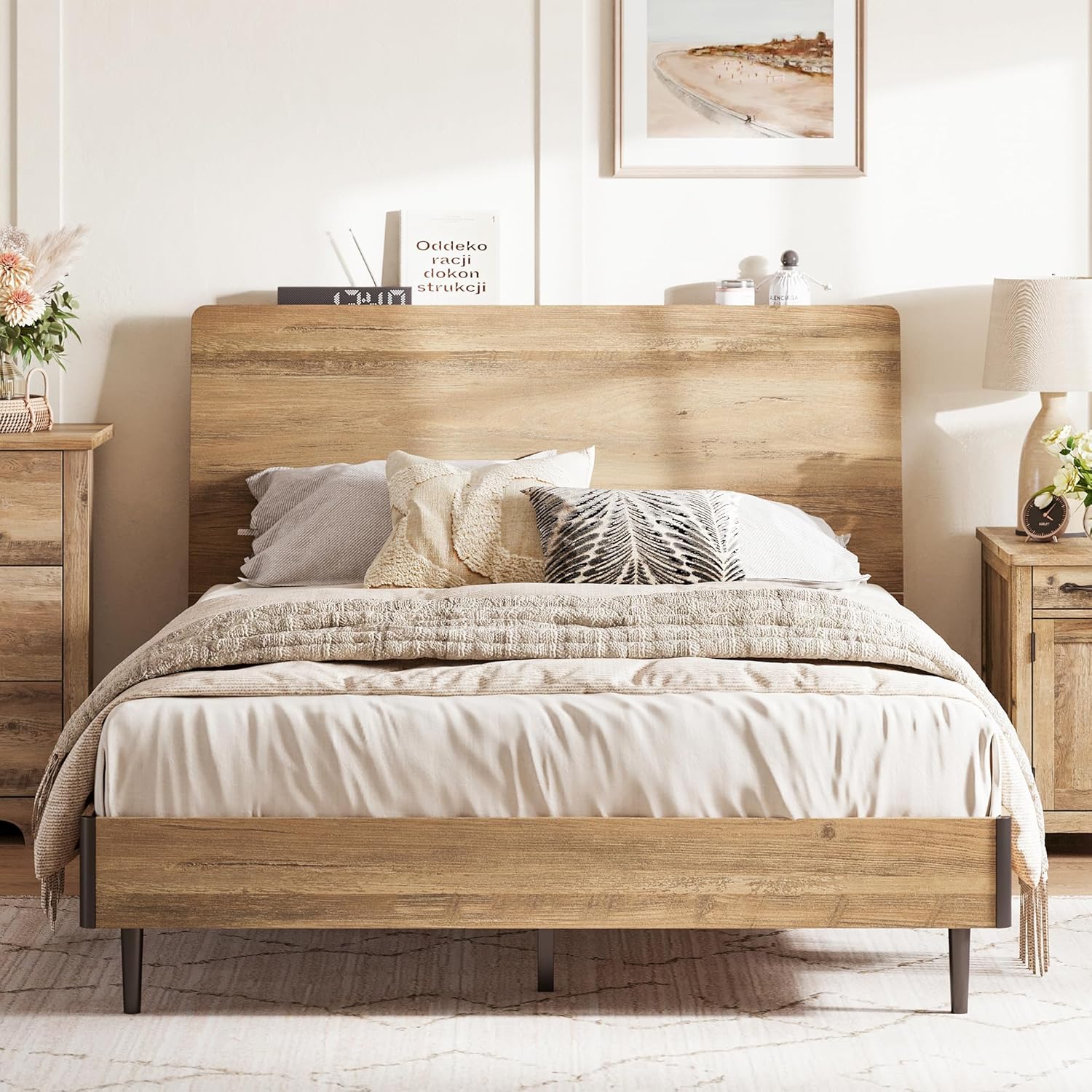 Amazon.com: LINSY Full Size Bed Frame Wood with Ergonomic Headboard ...
