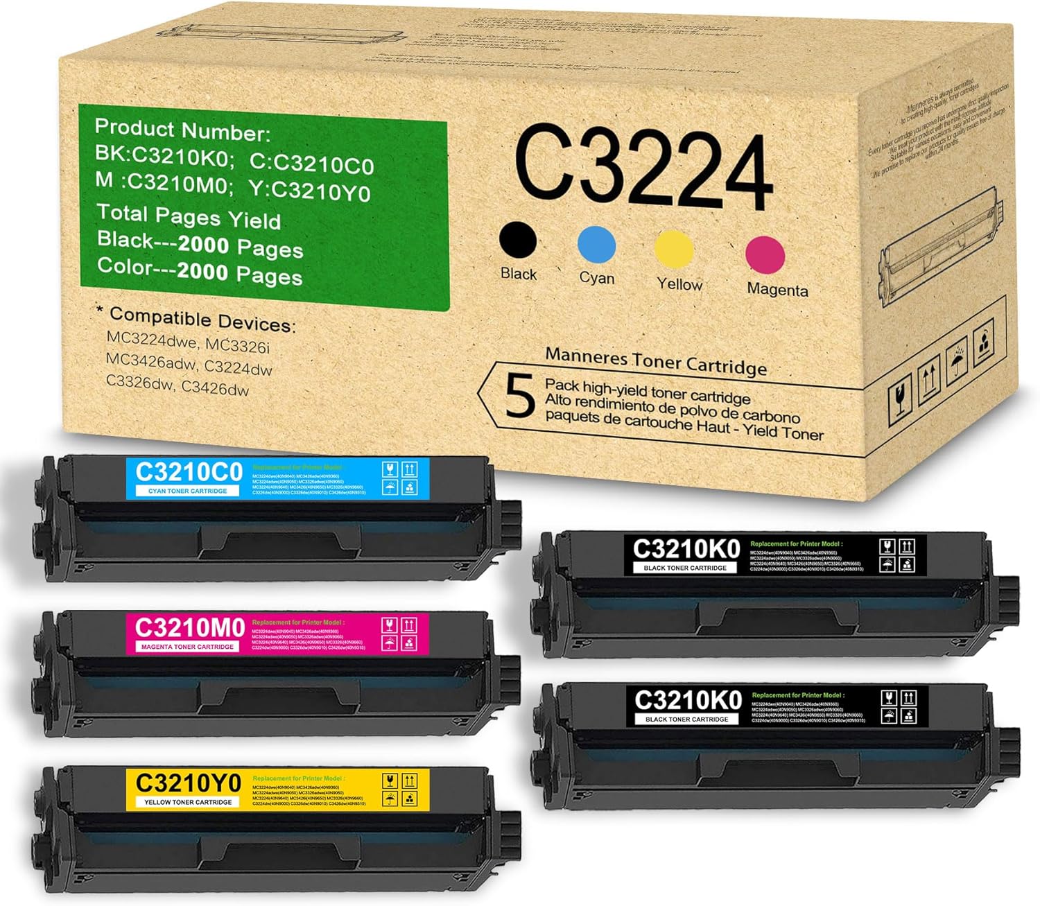 Amazon.com: C3210K0 C3210C0 C3210M0 C3210Y0 Toner Cartridges(5-Pack, 2BK/1C/1M/1Y) - MNRS ...