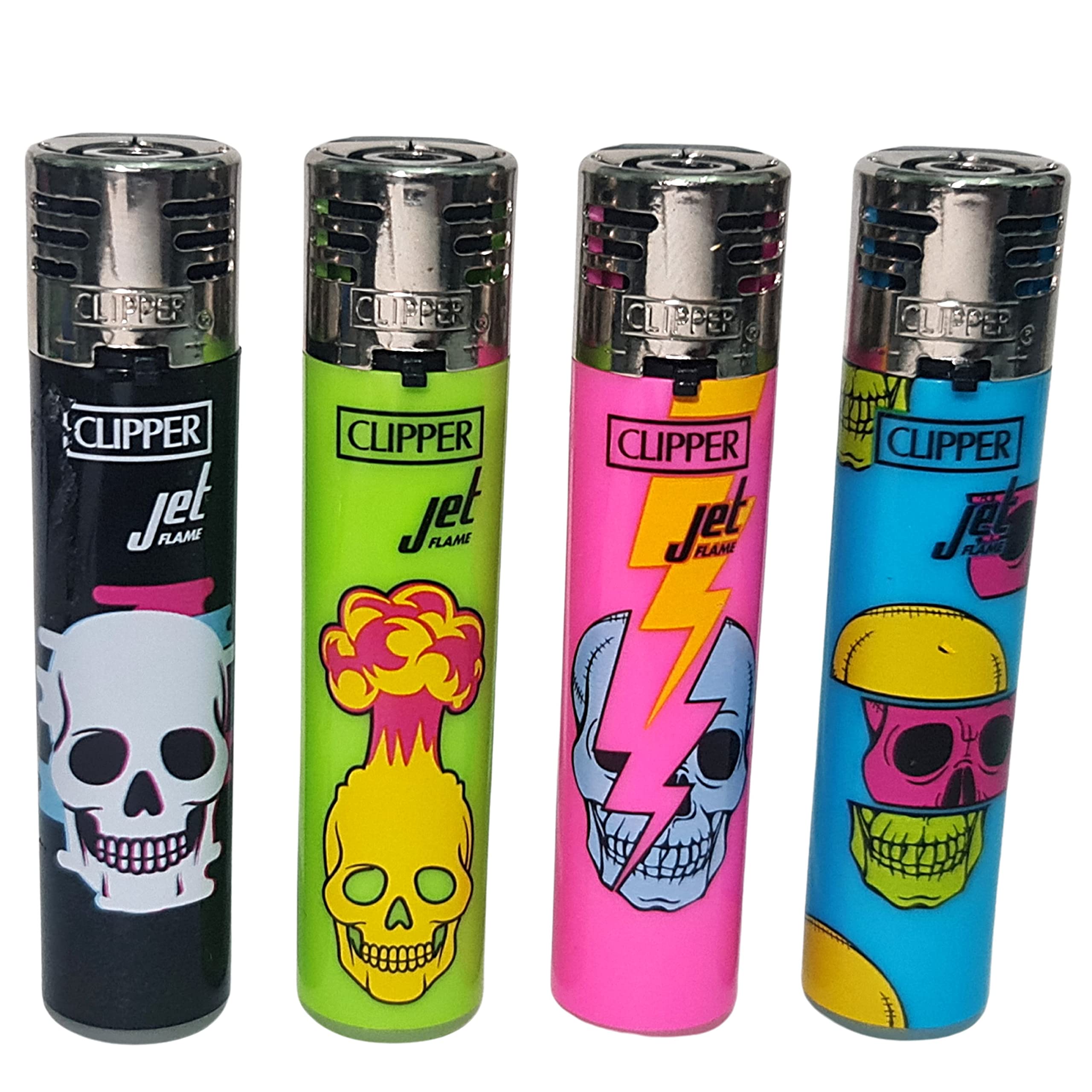 Zactly 4 x Clipper Jet Lighter Set BROKEN SKULLS Black Top Windproof ...