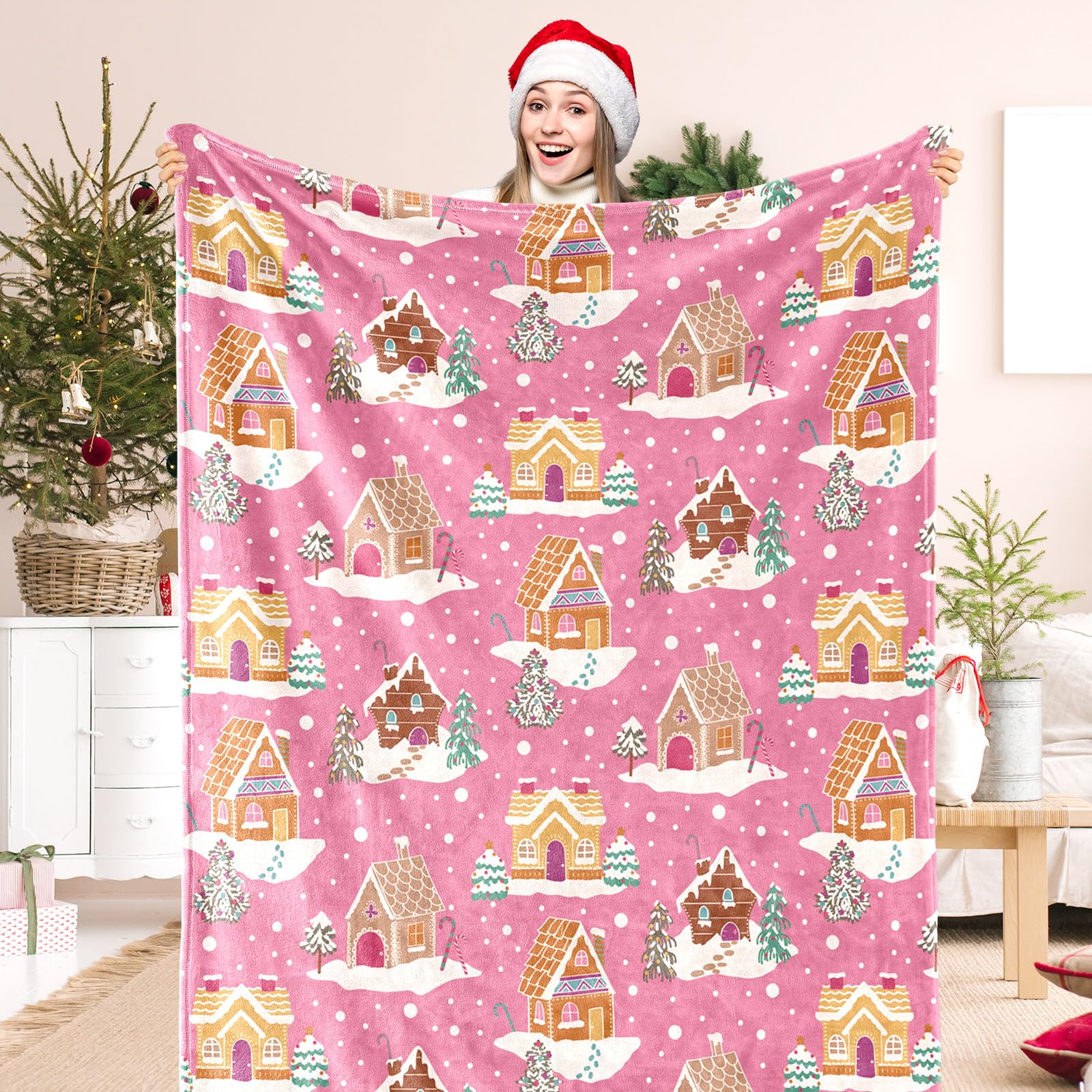 Amazon.com: JarThenaAMCS Christmas Throw Blanket Pink Xmas Gingerbread ...