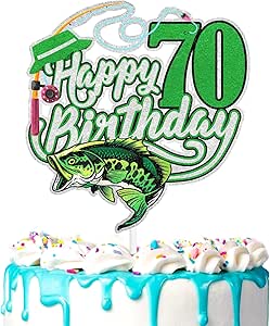 Amazon.com: Fishing Cake Topper Fisherman 70th Birthday Happy Bass ...