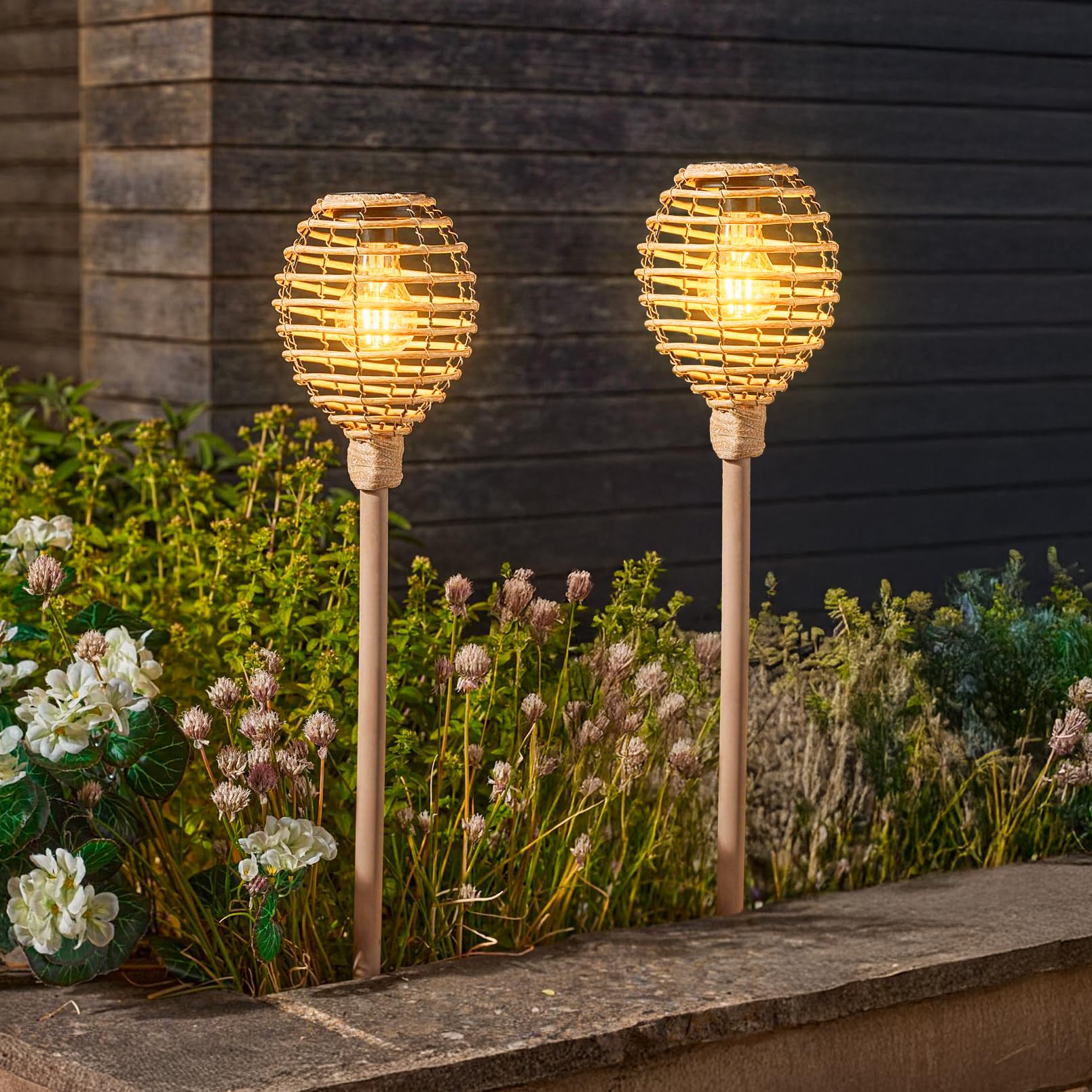 Garden Mile Set of 2 70cm Rattan Solar Lights Outdoor Garden Waterproof ...