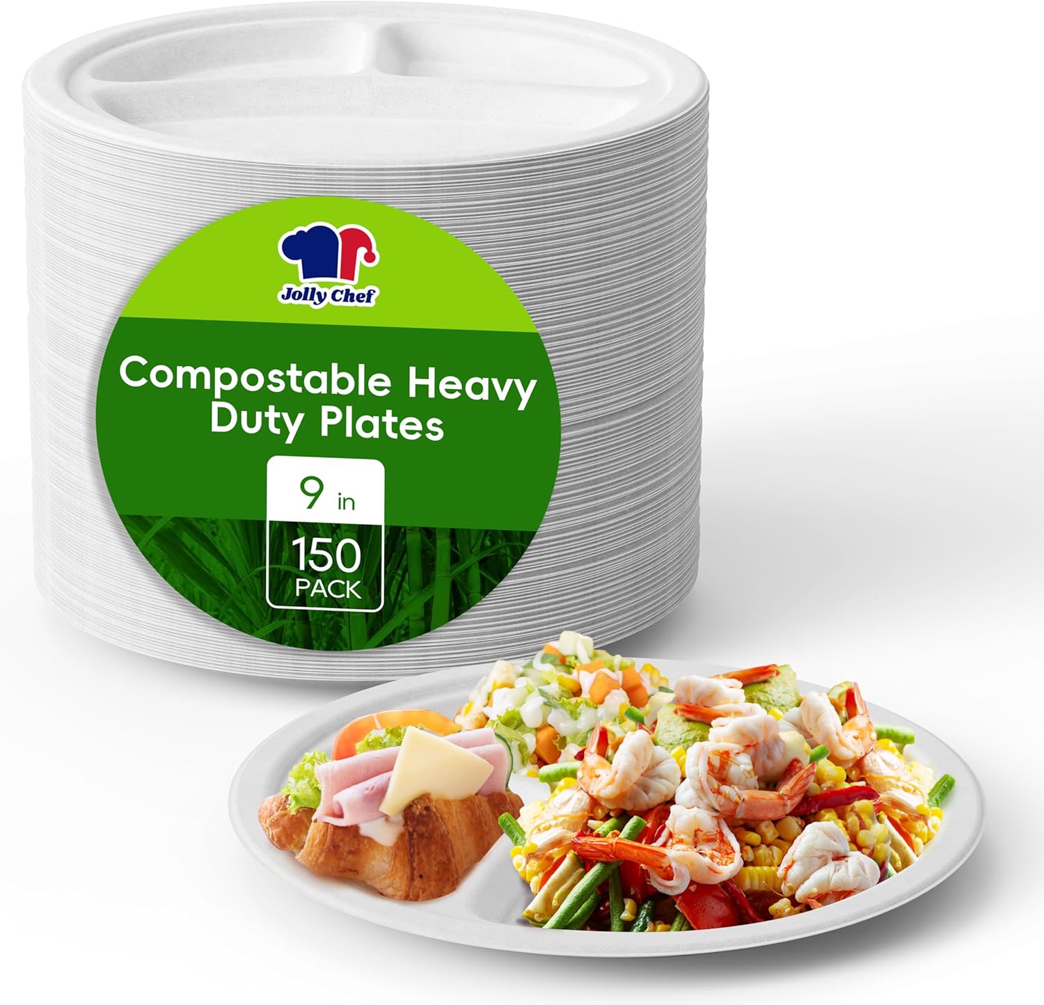 Amazon.com: JOLLY CHEF 100% Compostable 3 Compartment Paper Plates 9 ...
