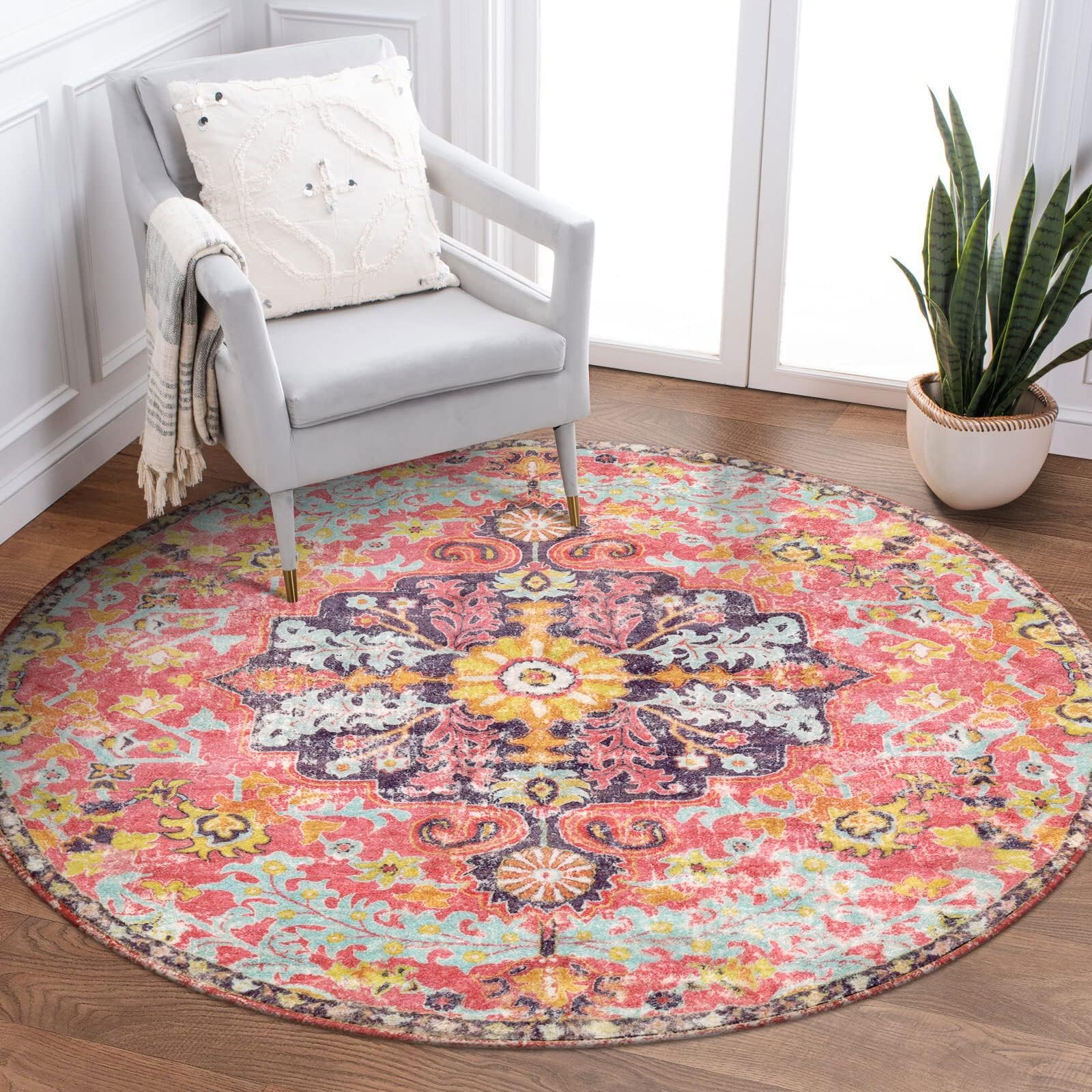 Amazon.com: Estmy Boho Vintage Floral 5ft Round Area Rug Washable Thin ...