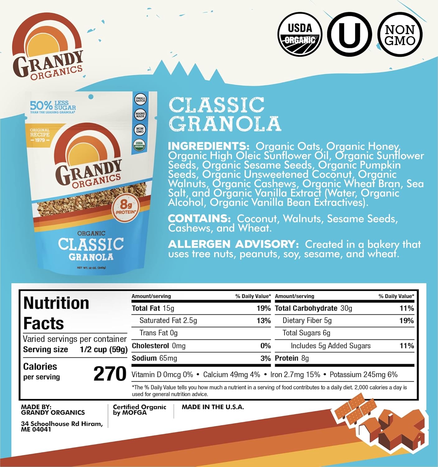 Grandy Organics Granola orgánica certificada clásica, bolsas de 12 ...