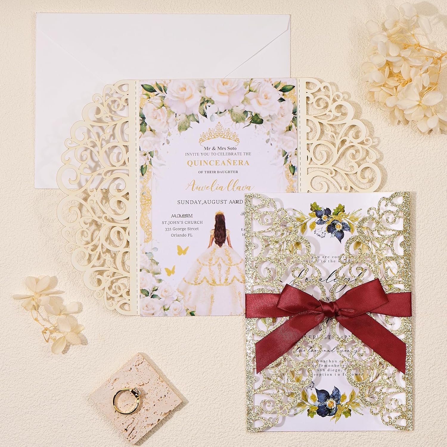Mabbcoo 50 invitaciones de boda con purpurina dorada con sobres y ...