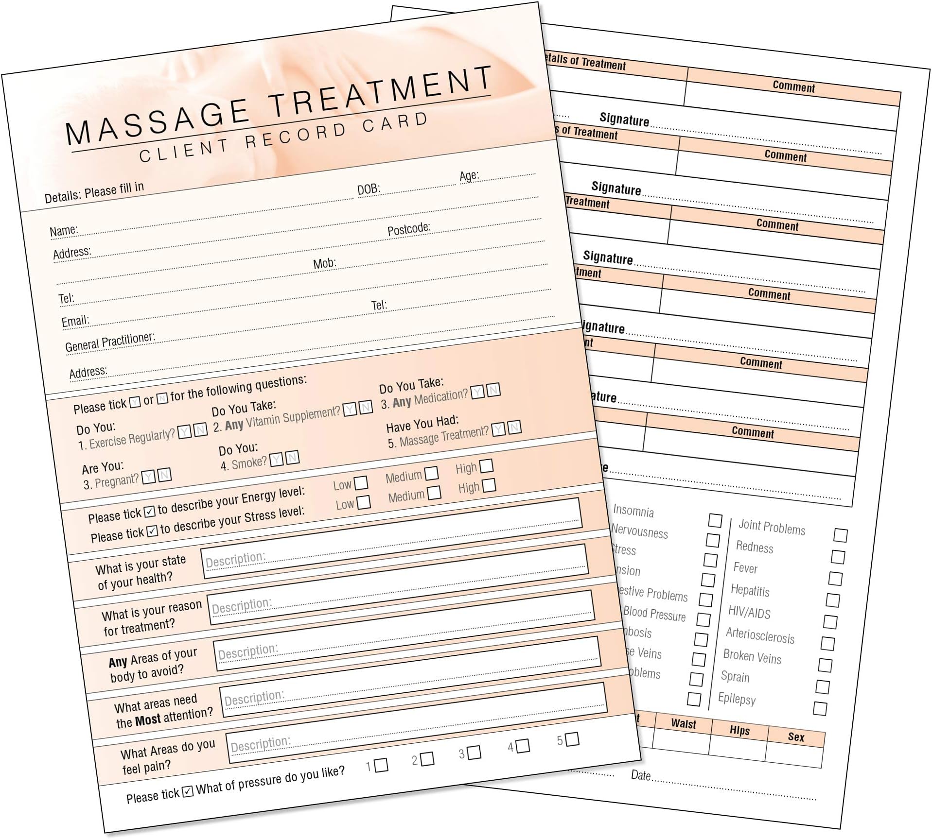 Massage Client Record Card - Treatment Consultation Form for Mobile ...
