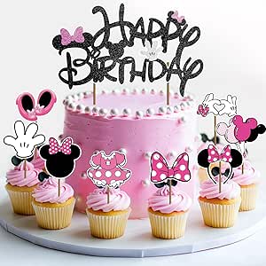 Amazon.com: Pink Birthday Cake Topper, Cartoon Cake Decorations Include ...