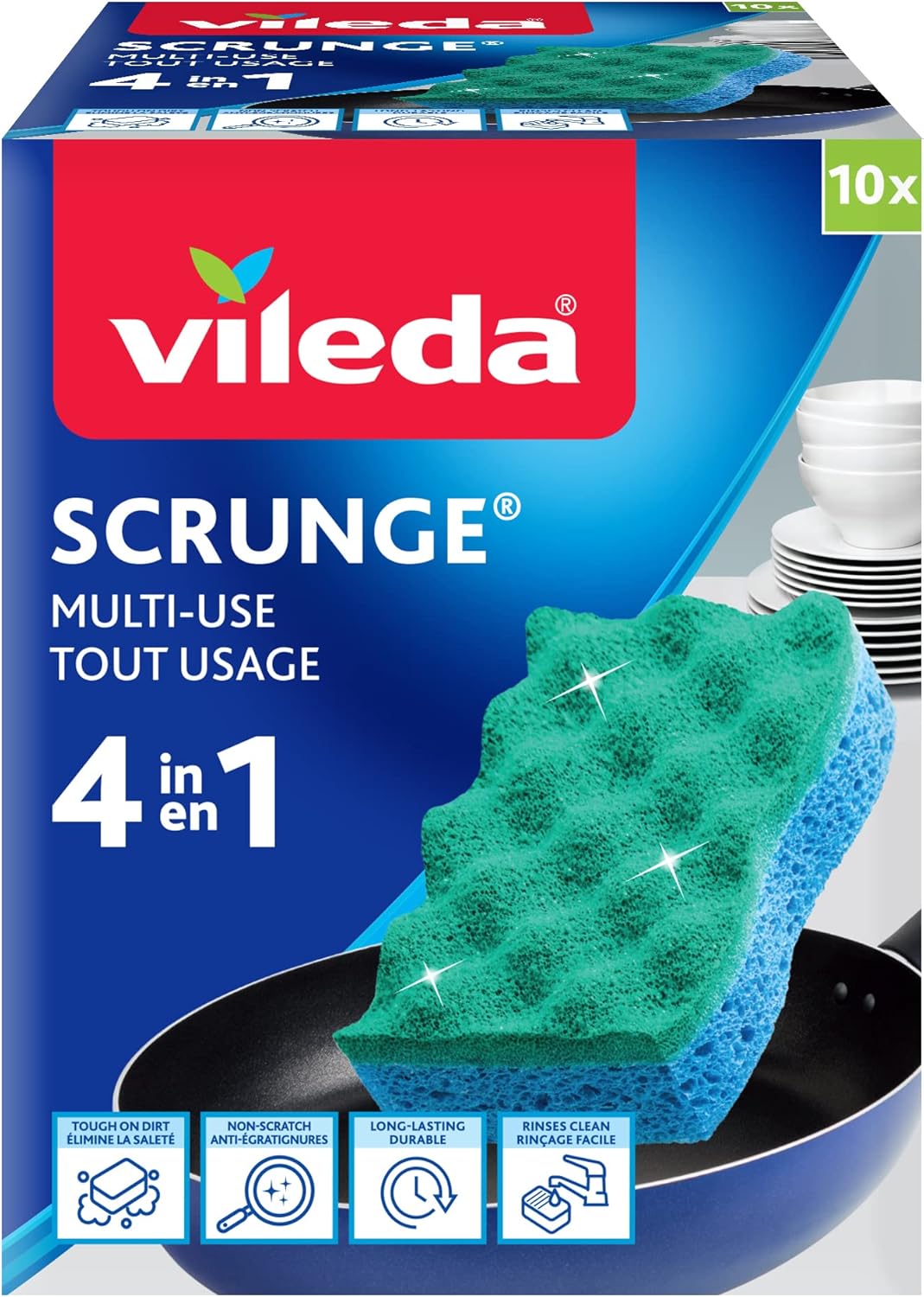 Vileda Scrunge Multi-Use Non-Scratch Scrub Sponge (Pack of 10) | Rinses ...