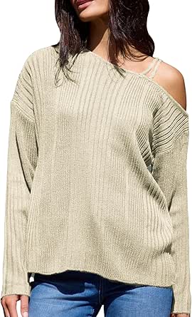 CUPSHE Womens One Shoulder Sweater Fall Casual Long Sleeve Ribbed Knit ...
