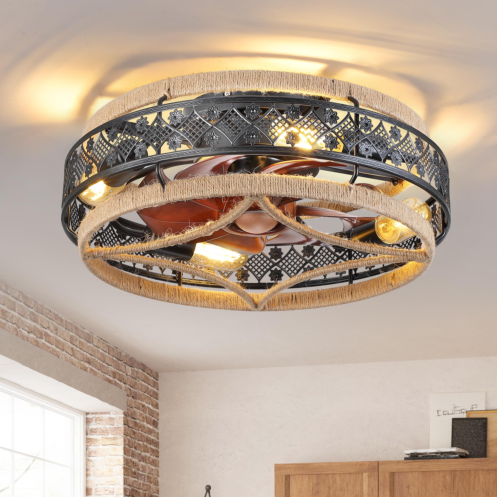 SHIHOT 18in Farmhouse Cage Ceiling Fans with Lights and Remote, Flush ...