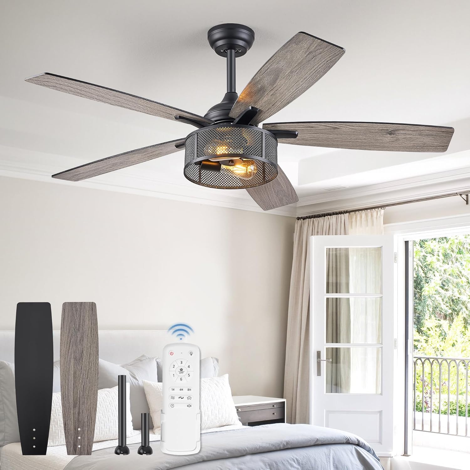 Farmhouse Ceiling Fans with Lights and Remote, 52 Inch Black Industrial ...