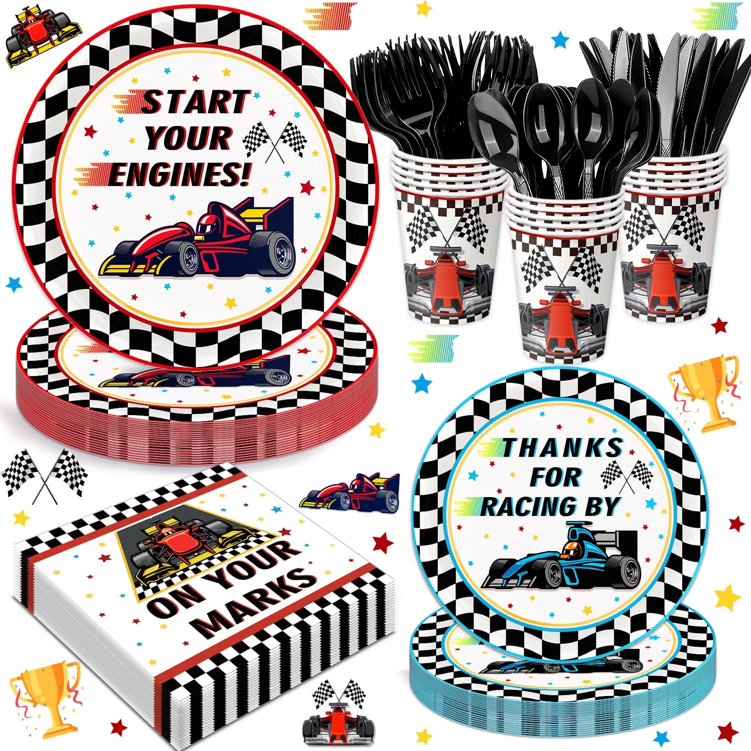 Amazon.com: DECORLIFE 96 Pcs Race Car Paper Plates and Napkins, Race ...