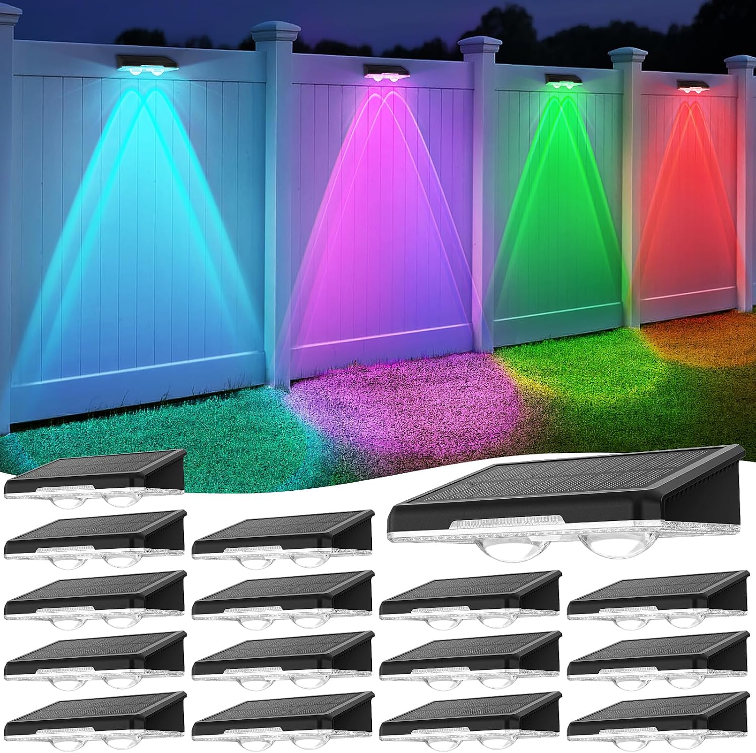 APILAB Solar Fence Lights Outdoor 16 Pack - 8 Modes (RGB Cycle/Fixed ...
