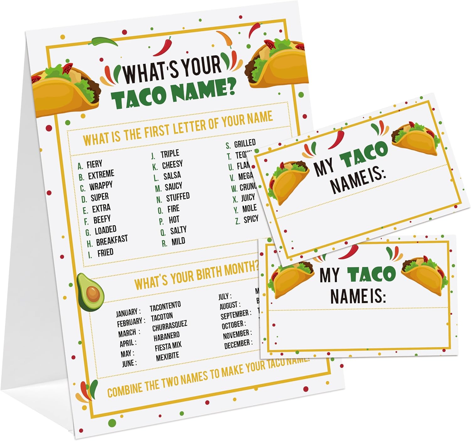 Amazon.com: Taco Theme What's You Taco Name Game, Baby Shower Game ...
