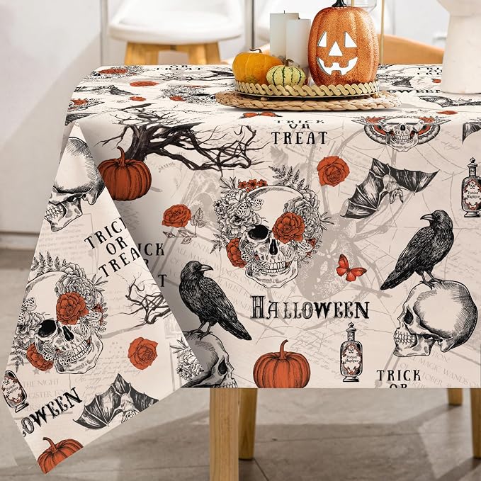 Amazon.com: AnyDesign Vintage Halloween Tablecloth Retro Gothic Skull ...