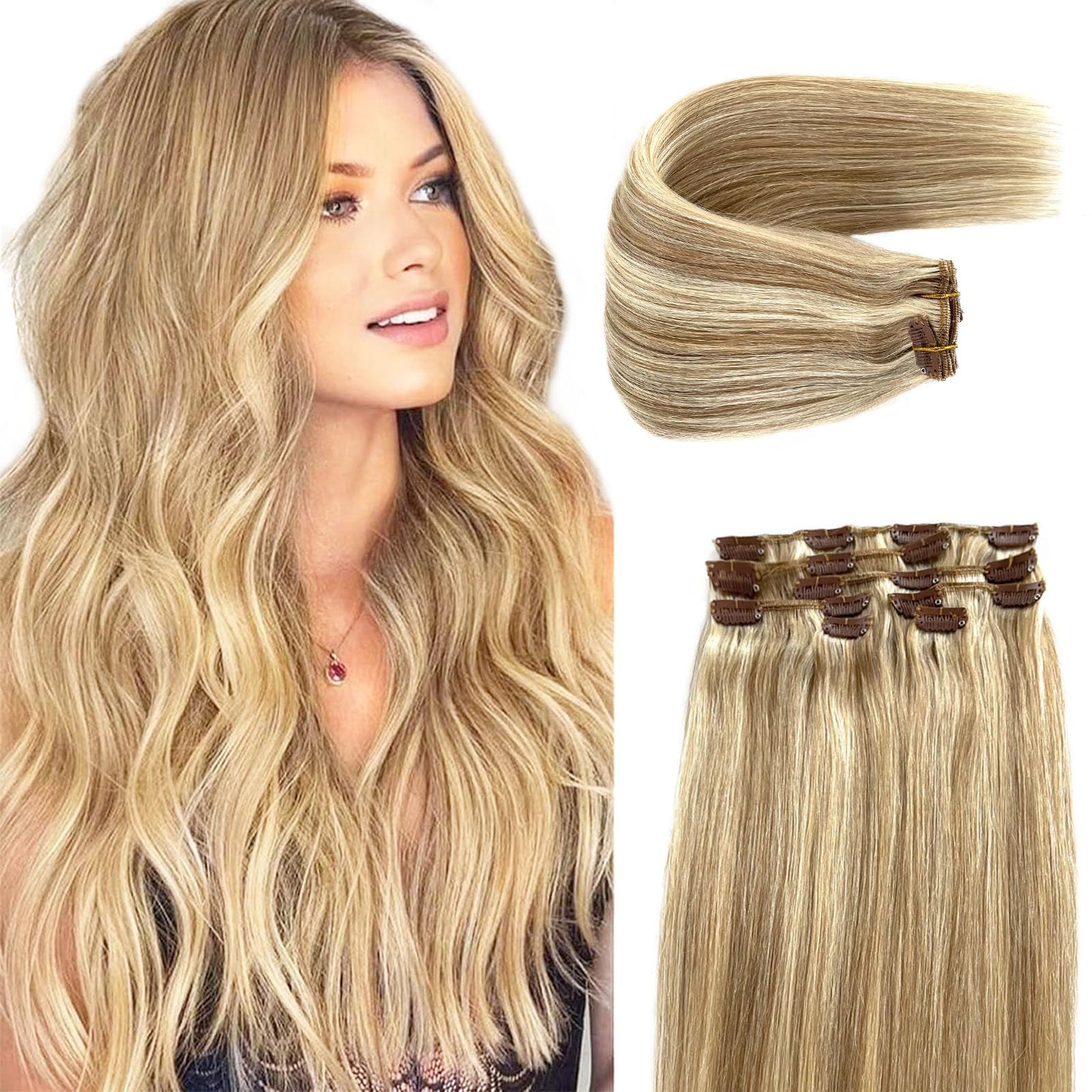 Hair Extensions Real Human Hair Clip in Blonde Highlights Clip in Hair ...