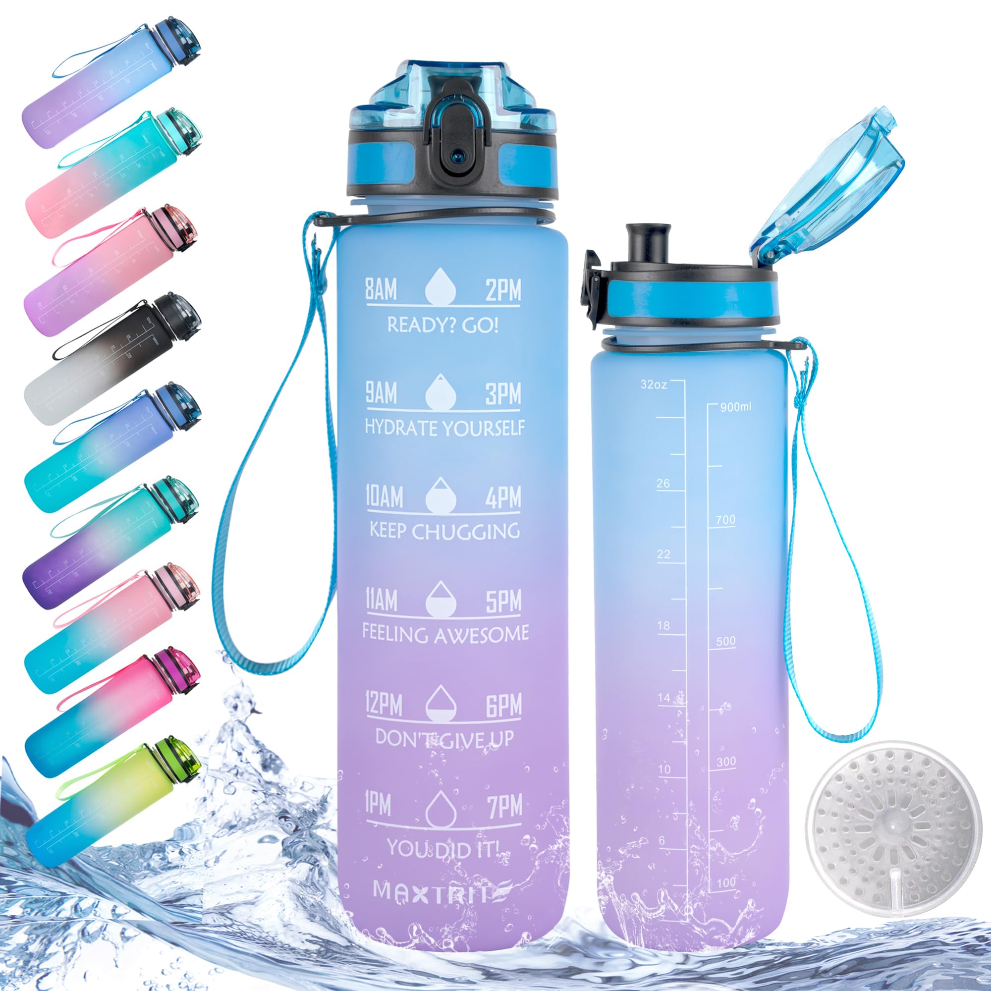 32oz Daily Water Bottle with Motivational Time Marker, Reusable Plastic ...