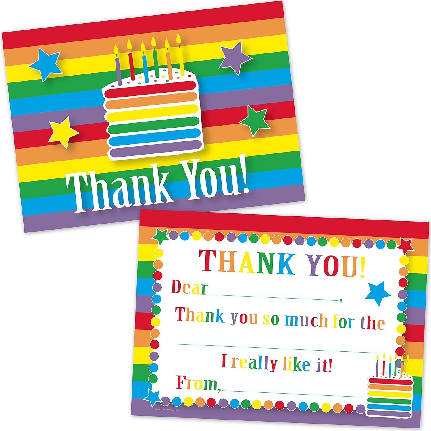 Rainbow Birthday Cake Kids Fill in Thank You Cards for Girls (20 Count ...