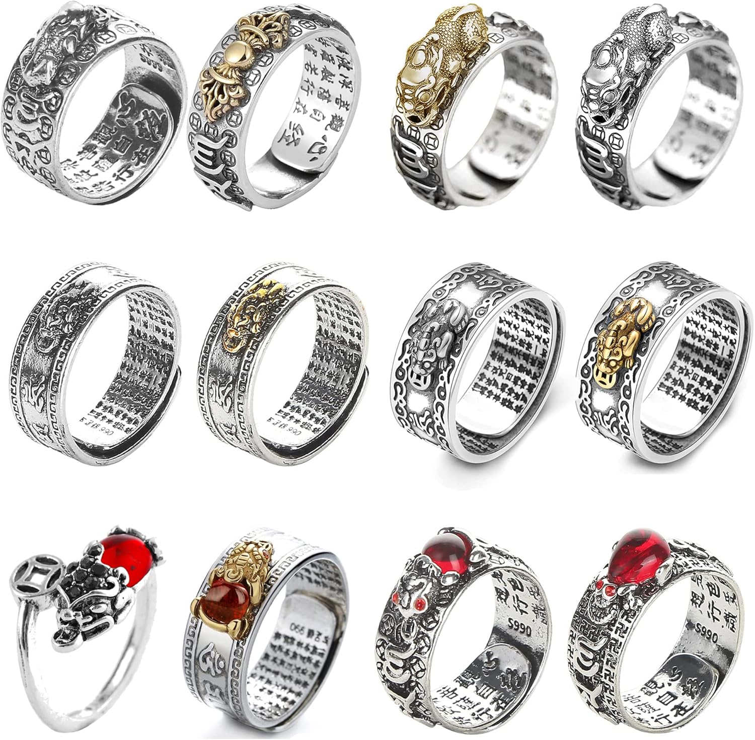 JEWPARK 12Pcs Feng Shui Pixiu Mantra Ring for Men Women Buddhist Good ...