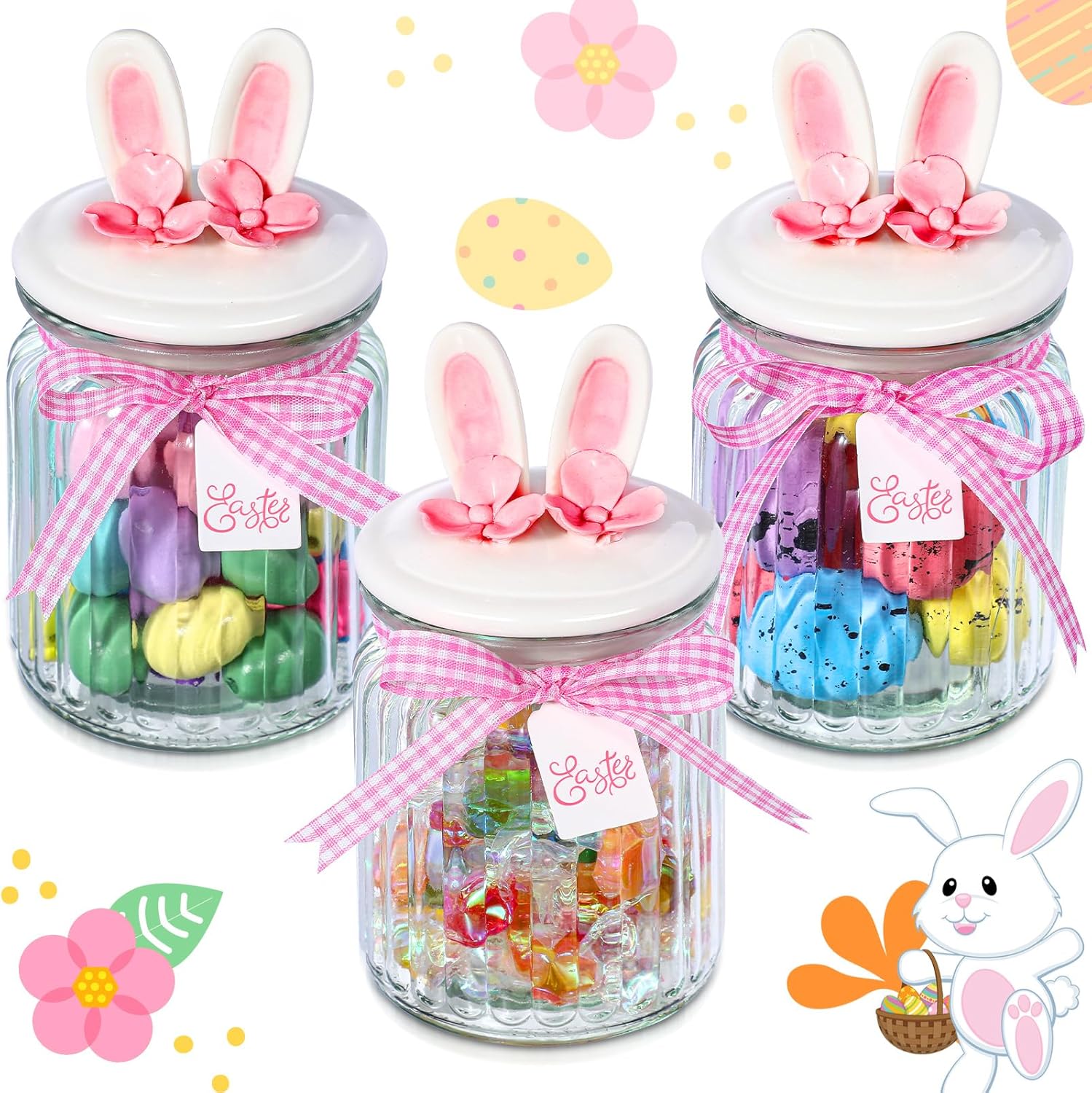 Amazon.com: Sunnychicc 3 Pcs Easter Bunny Cute Cookie Jar Glass Candy ...