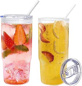 Amazon.com | QWEZXO 24oz Glass Tumblers with Lids and Straws 2PCS ...
