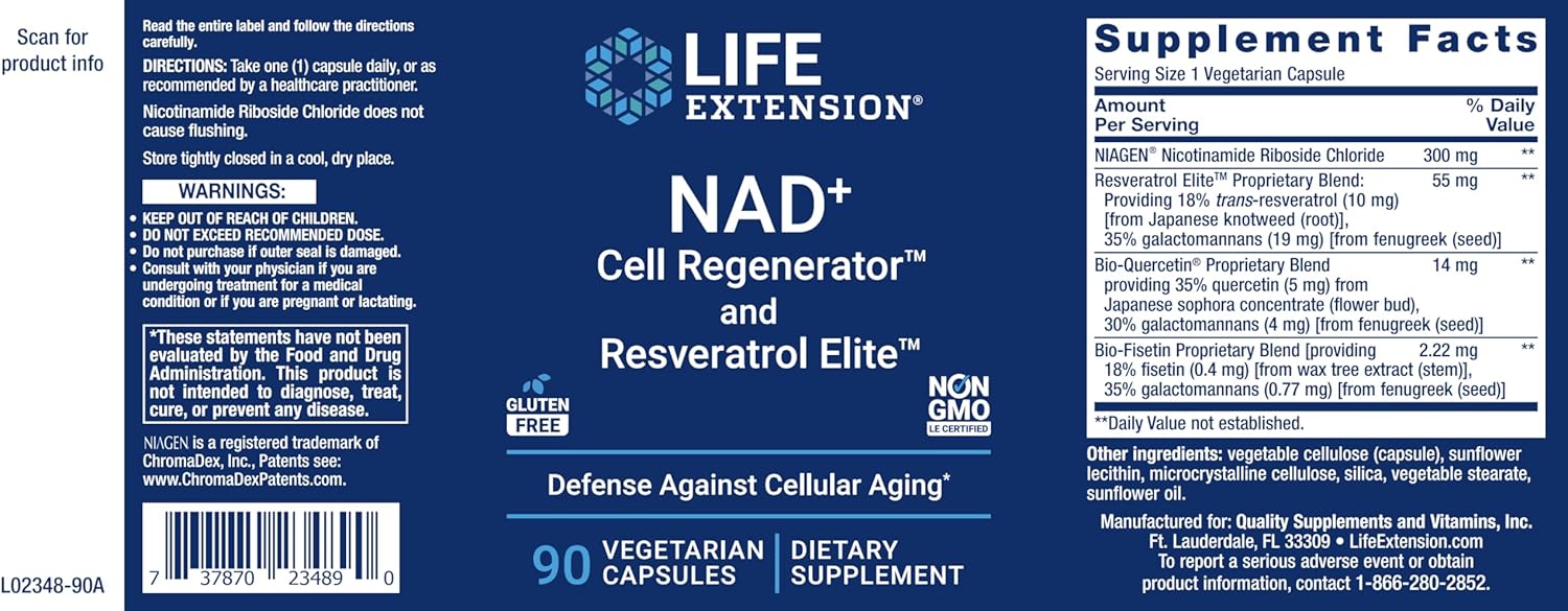 Life Extension Regenerador celular NAD+ y Resveratrol Elite, 90 ...