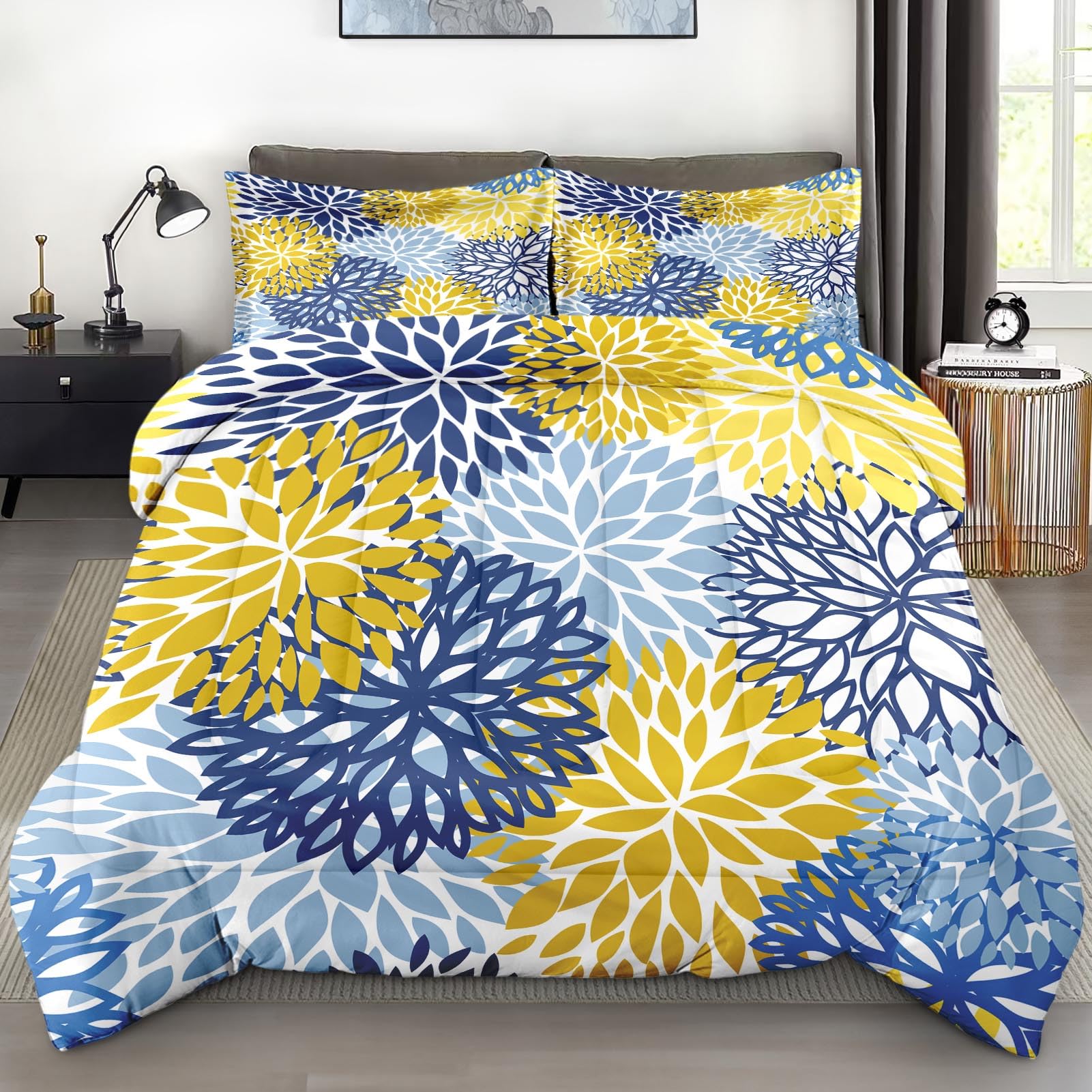 Amazon.com: Pamnest Comforter Set Queen Size, Spring Floral Navy Blue ...