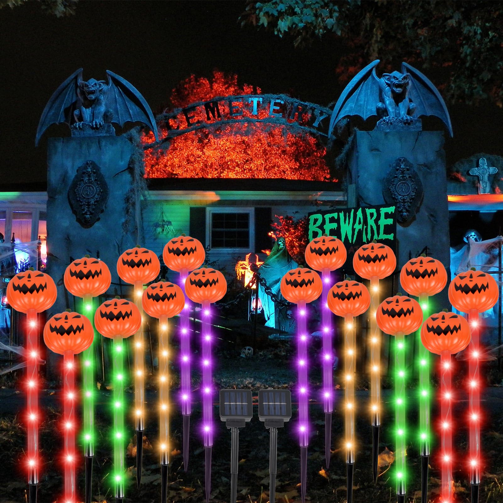 Halloween Pumpkin Lights Outdoor Decorations - 16 Pack Solar Halloween ...