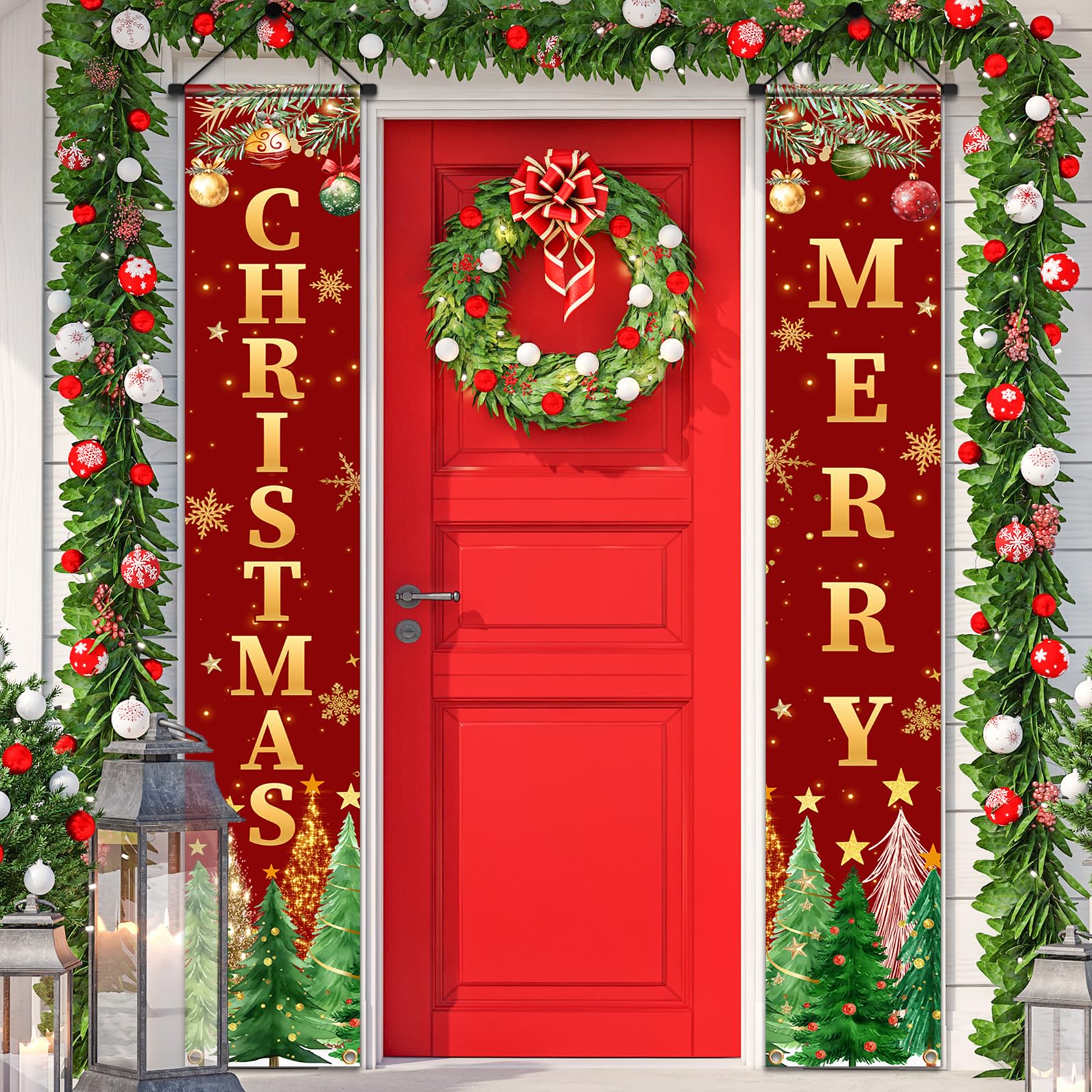 Amazon.com: Christmas Door Banner Christmas Tree Door Banner Red and ...