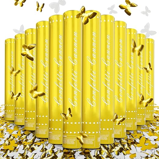 Amazon.com: Confetti Cannons 12 Pack White and Gold Butterfly Shaped Confetti Party Poppers ...