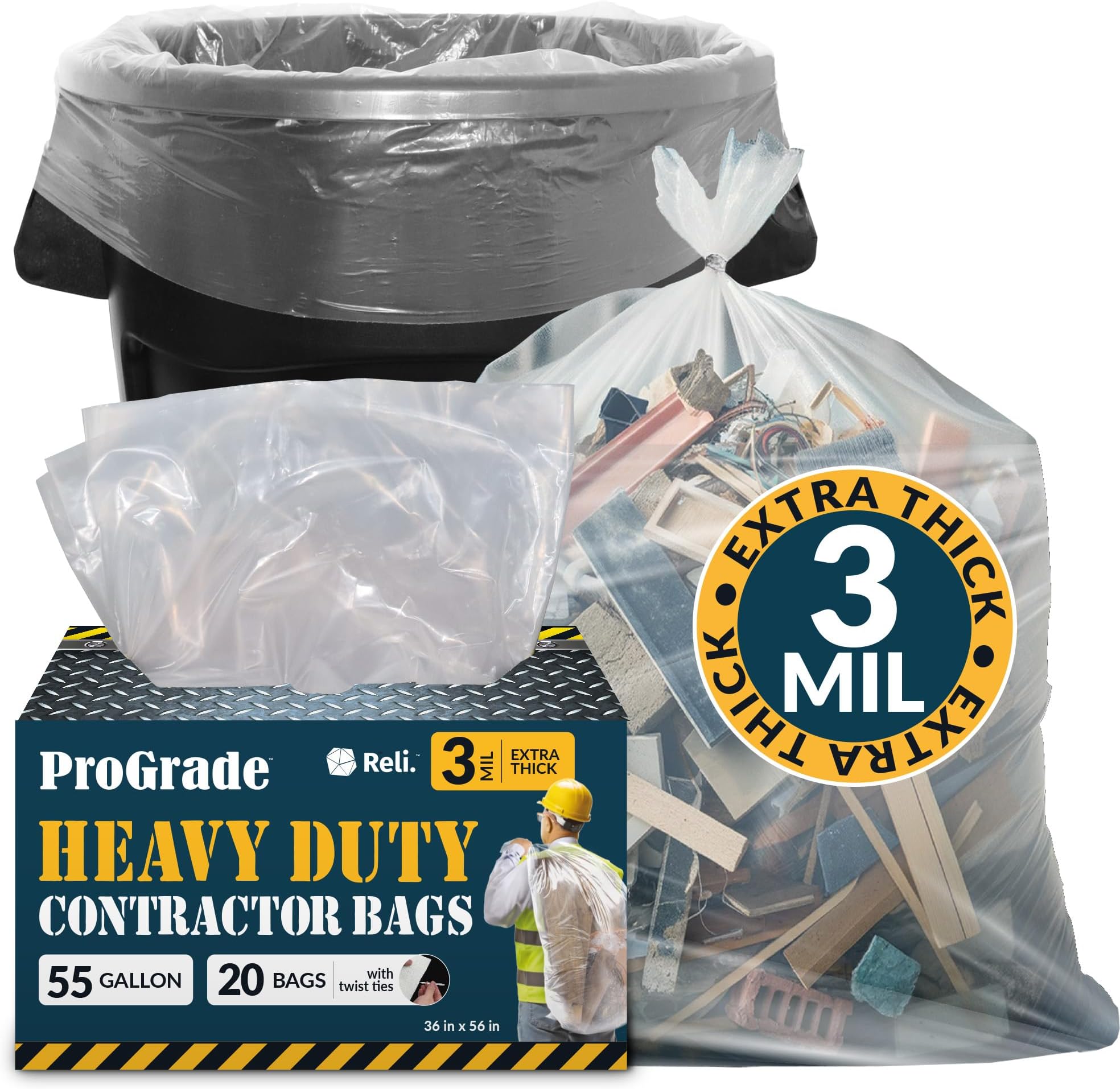 Amazon.com: 55 Gallon Clear Trash Bags, (50 Bags w/Ties) Large Clear ...