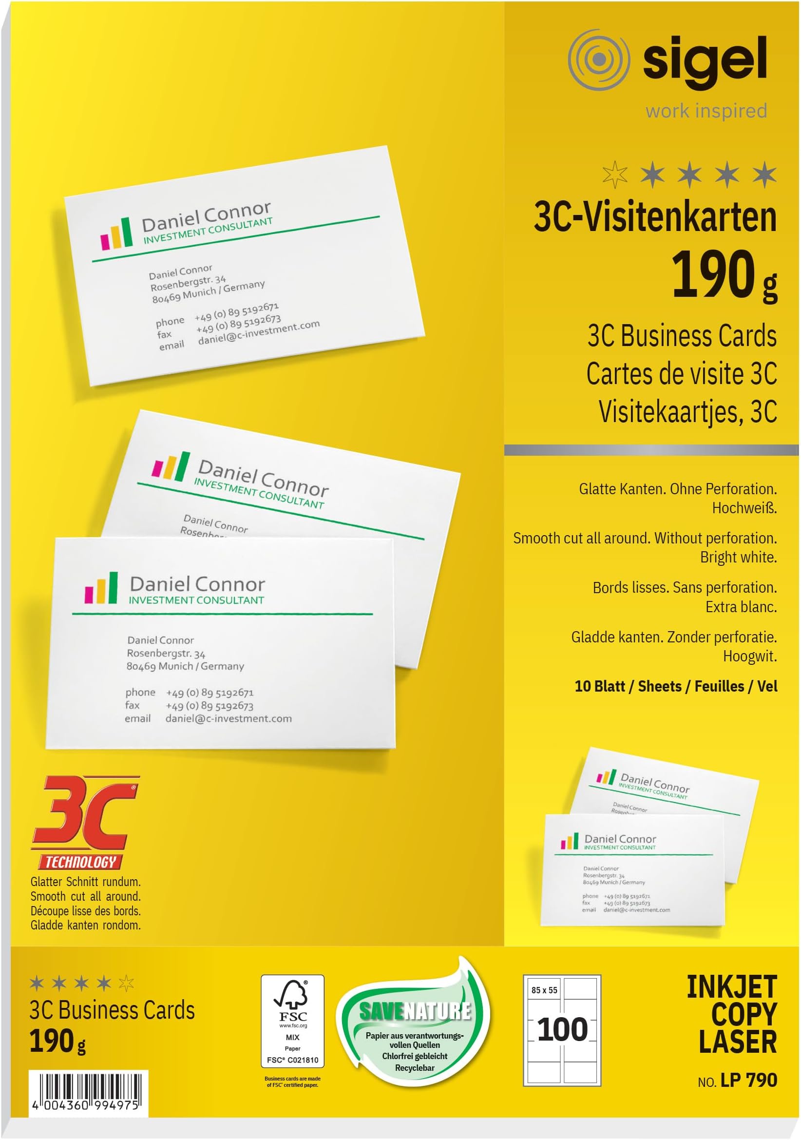 SIGEL DP744, 85x55 mm (A4), Business Cards, 3C, smooth cut all around ...
