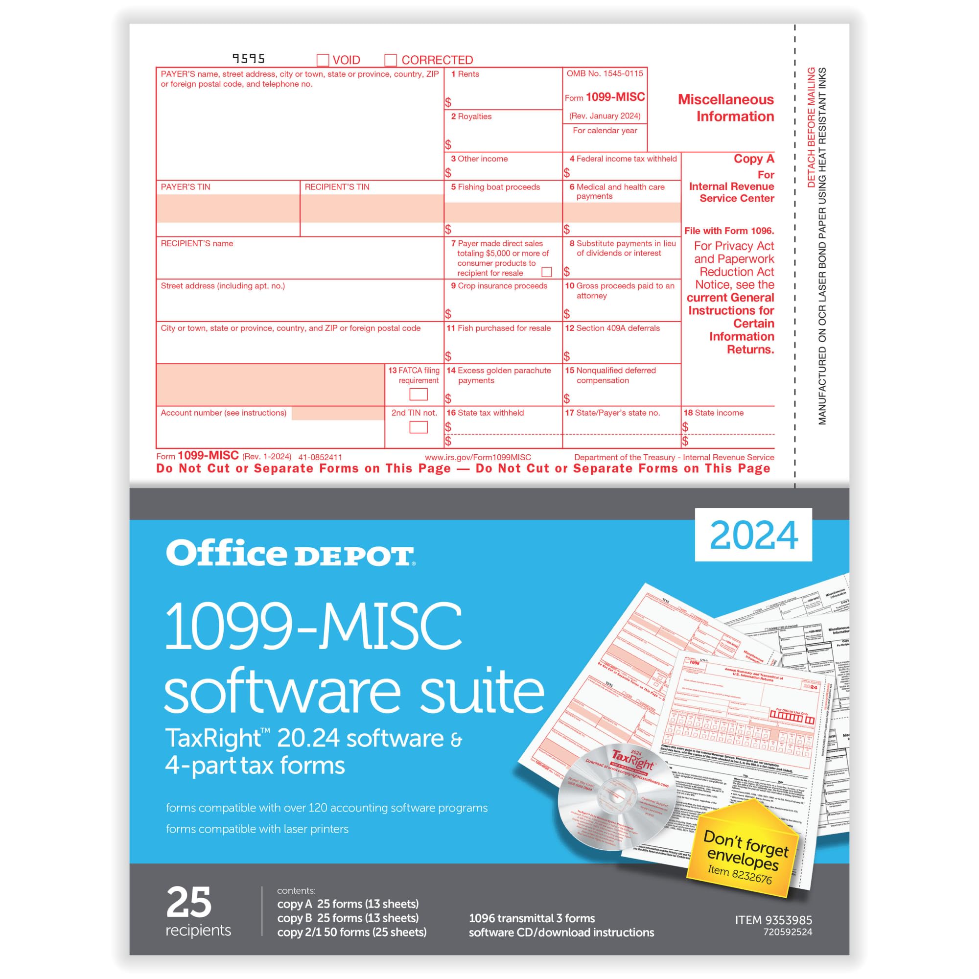 Amazon.com : Office Depot® Brand 1099-MISC Laser Tax Forms With Software, 4-Part, 2-Up, 8-1/2" x ...