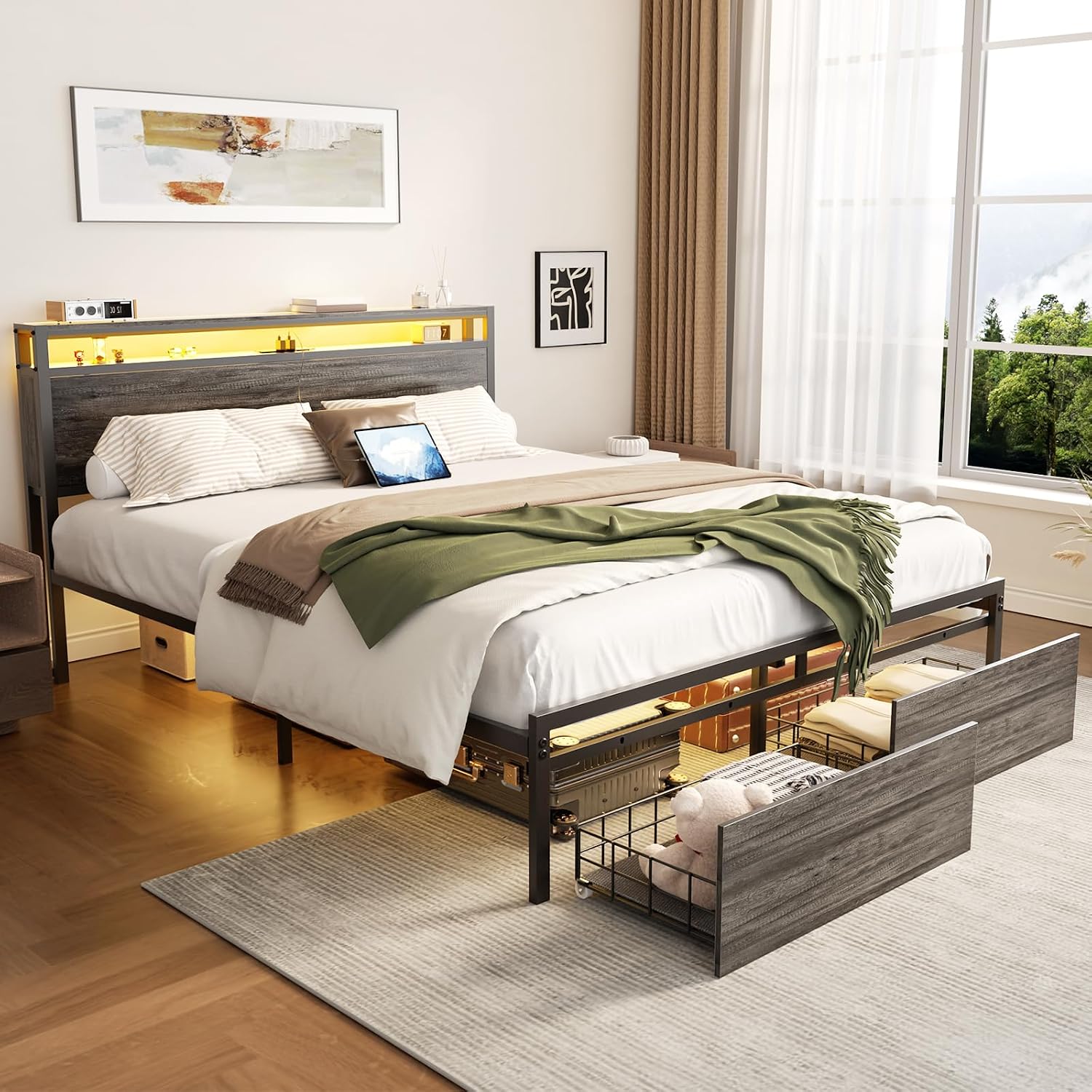 Amazon.com: Cyclysio Full Bed Frame with Storage, Full Size Bed Frame ...