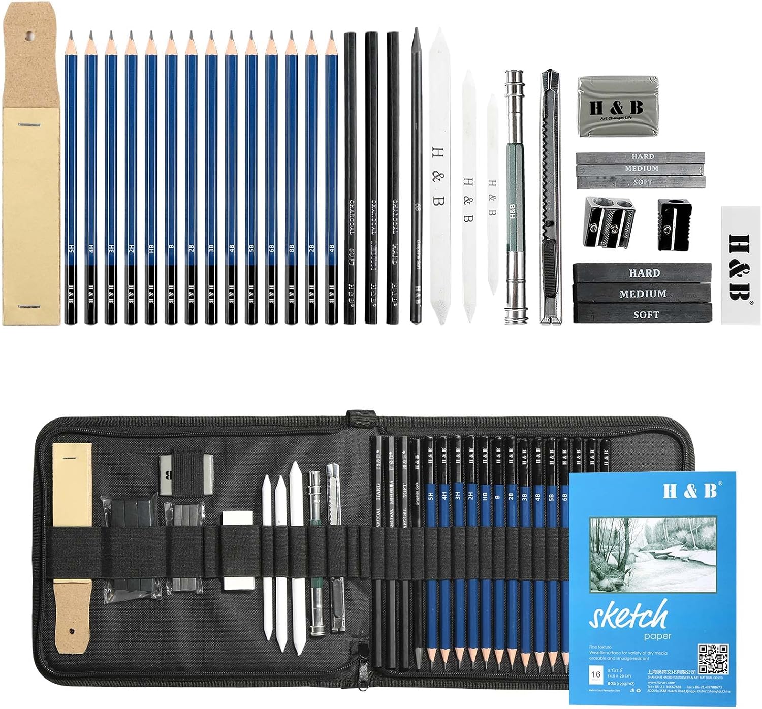 H & B Drawing Sketching Pencils Set, 35 Pack Art Kit with Sketch Book ...