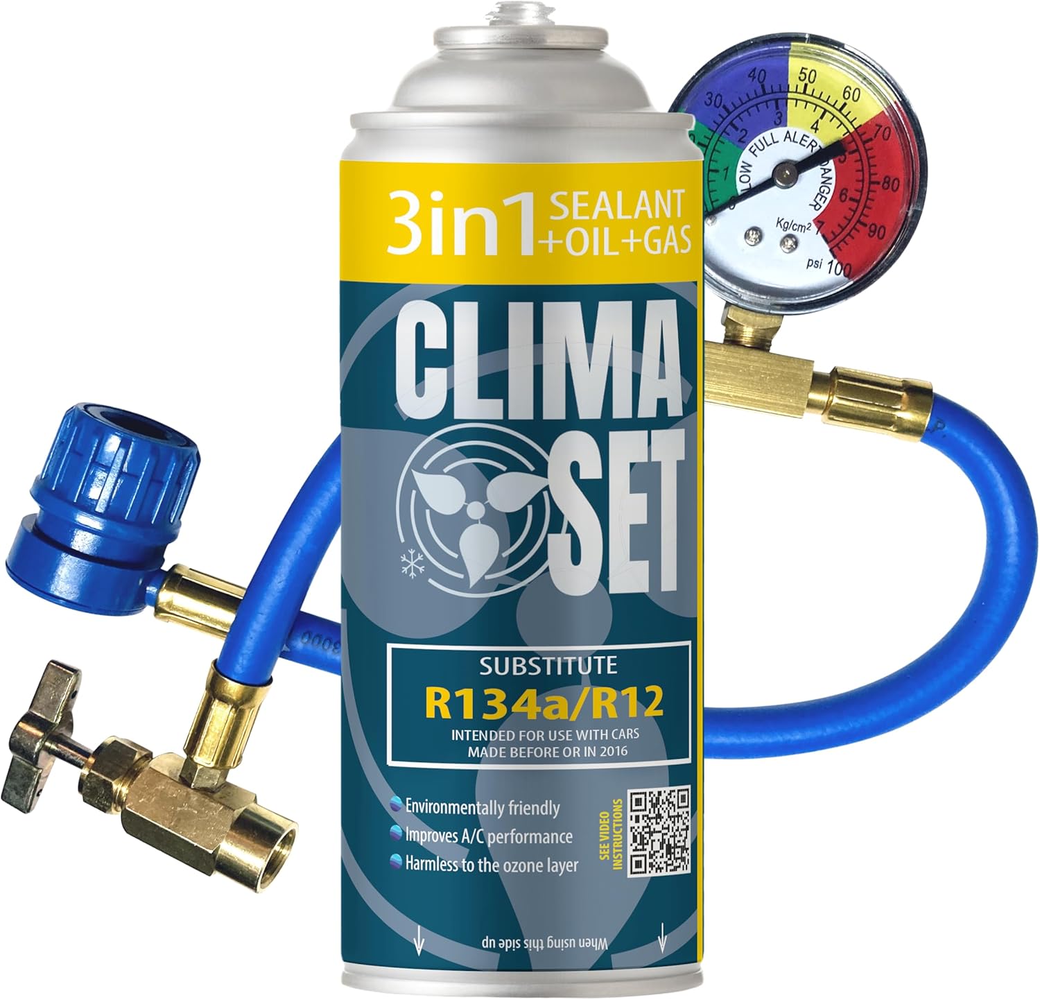ClimaSet 3-in-1 R134a Refrigerant Kit with Hose – for 1994 to 2016 Cars ...