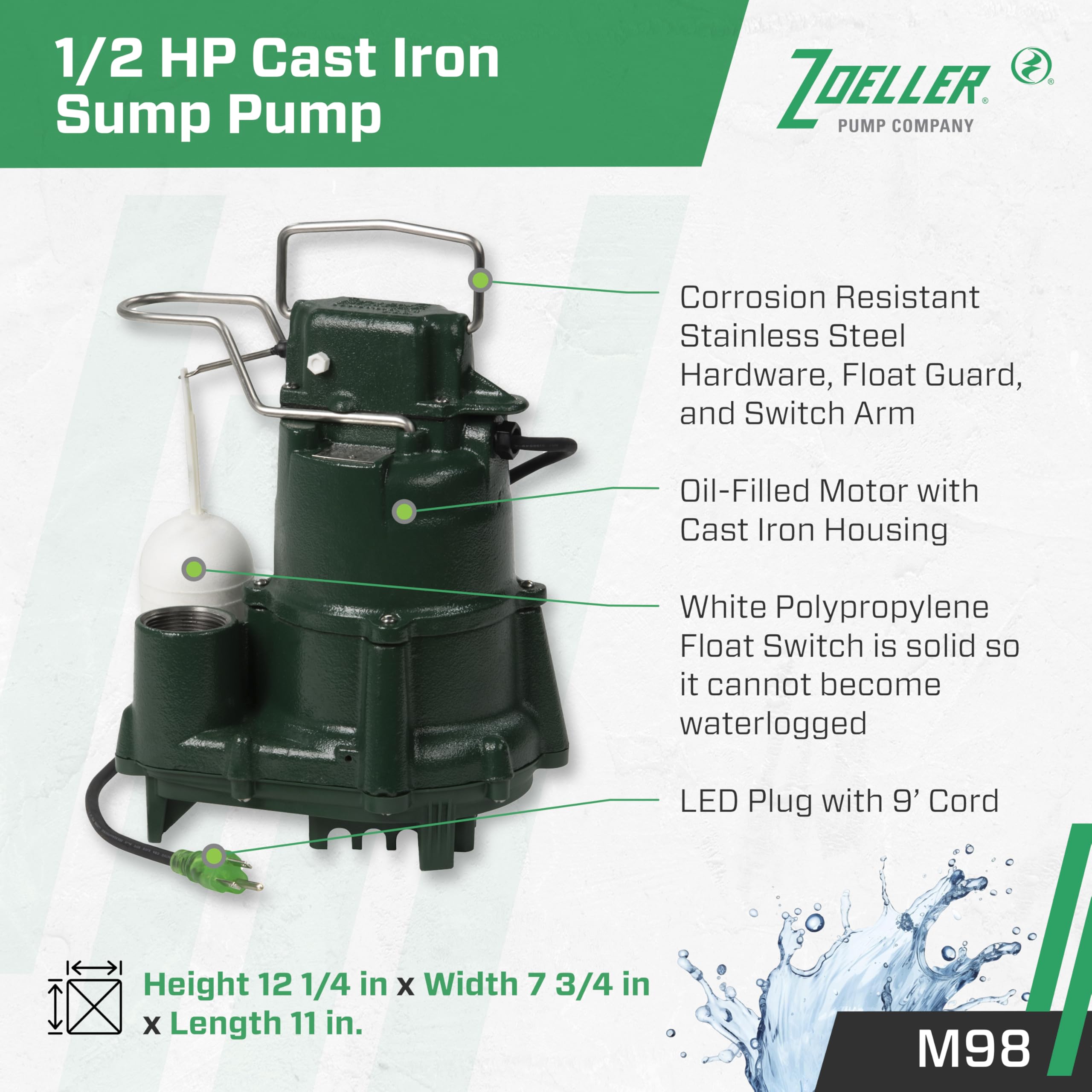 Snapklik.com : M98 Flow-Mate Sump Pump - 1/2 HP - Cast Iron - LED Power ...