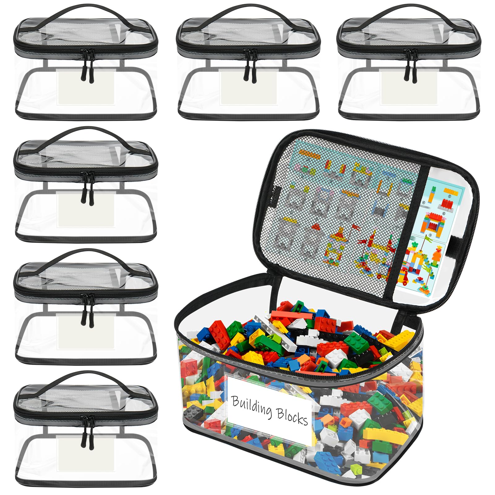 6 Pack Clear Toy Storage Bag with Name Tag& Manual Pocket, Waterproof ...
