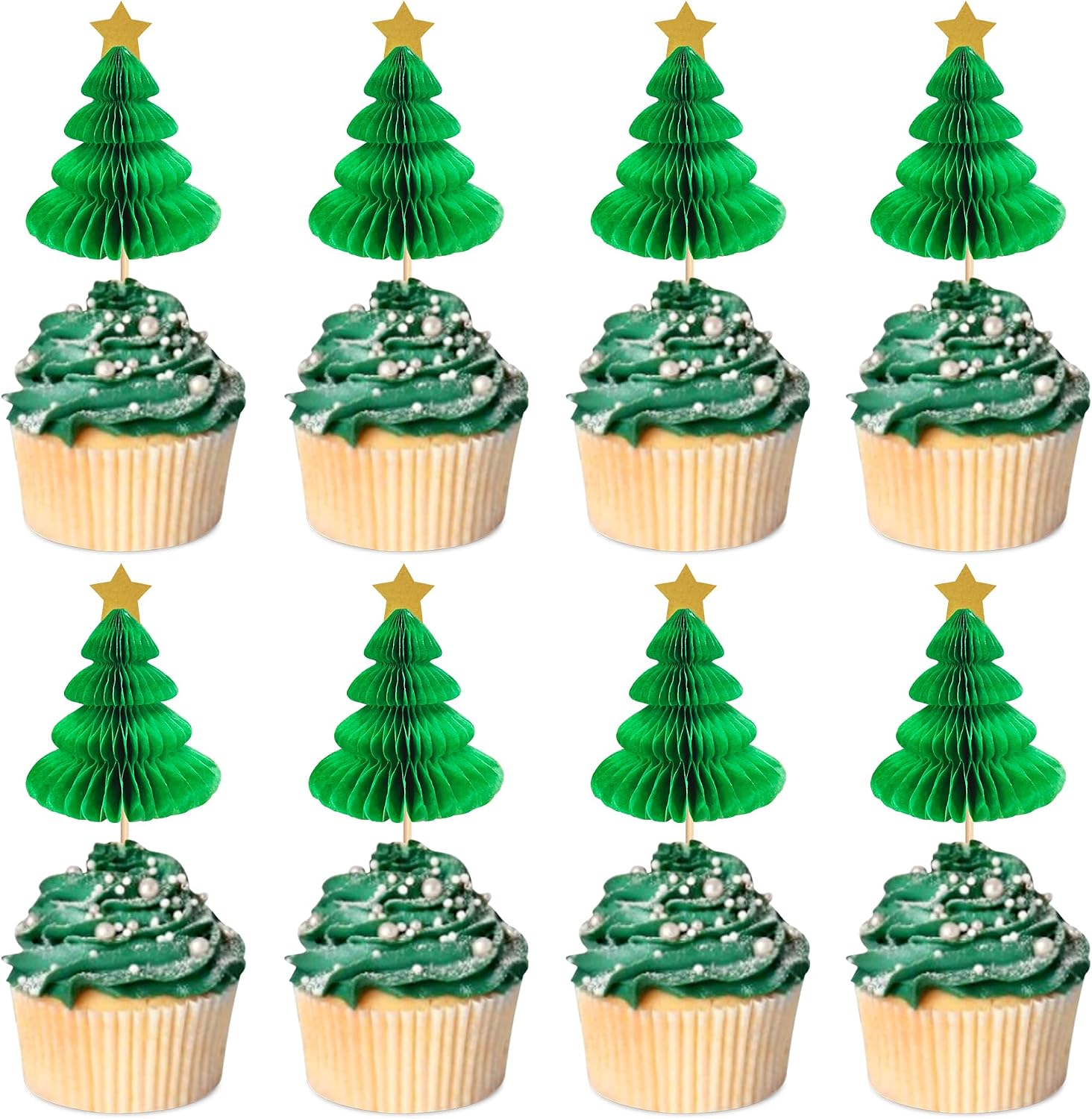 Amazon.com: Ercadio 24 Pack 3D Christmas Tree Cupcake Toppers Green ...