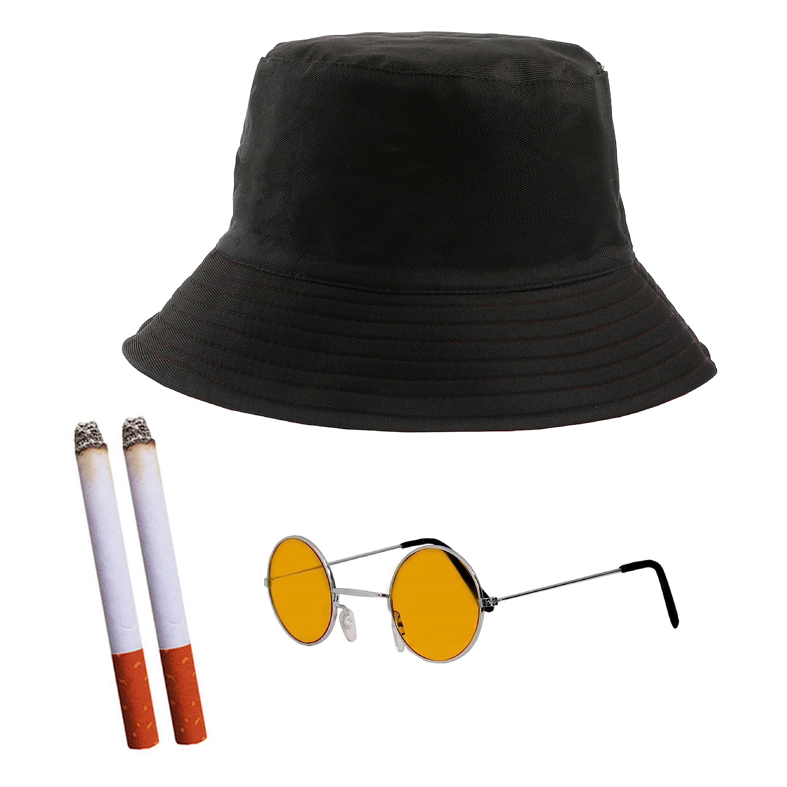 Adults Rock Band Accessory Set - Black Bucket Hat, Round Orange Glasses ...