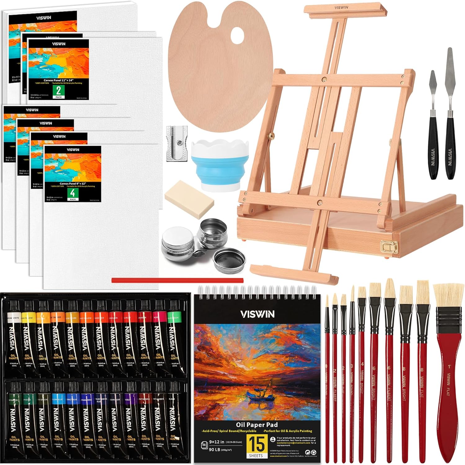 VISWIN Deluxe Oil Paint Set with Beech Wood Easel Box, Advanced ...