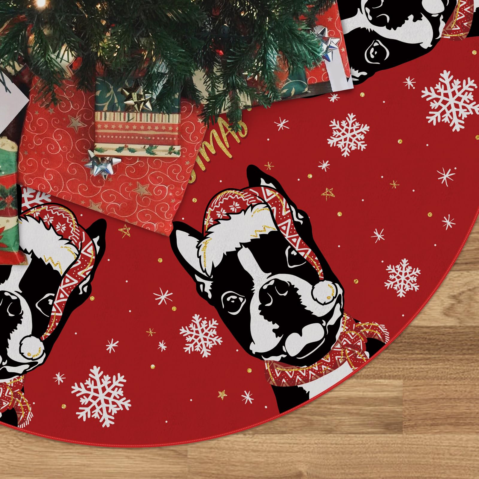 Amazon.com: Christmas Tree Skirt Red Tree Skirt Boston Terrier Xmas ...