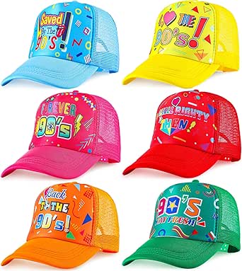 Amazon.com: Janmercy 6 Pcs 90s Party Baseball Cap Retro Neon Hat ...