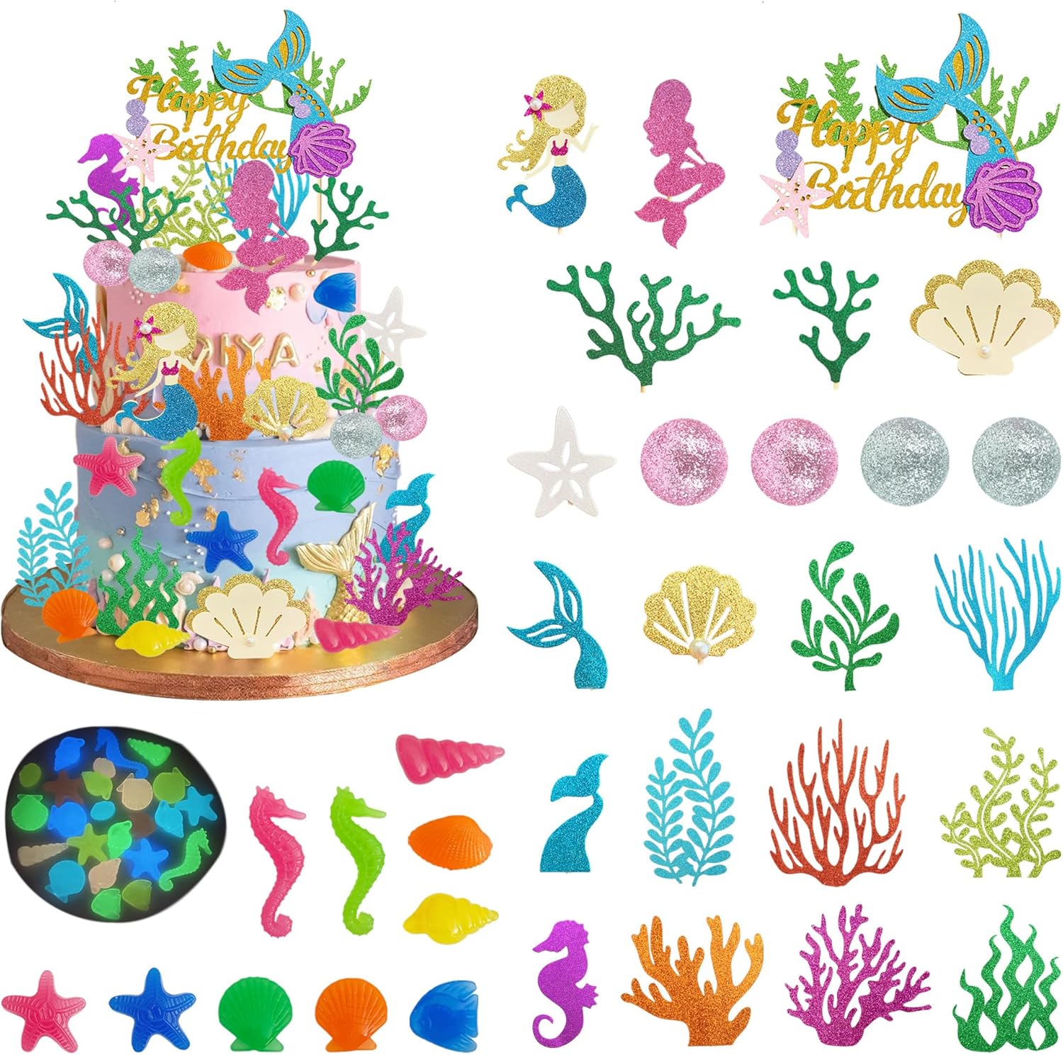 Amazon.com: 36 PCS Mermaid Cake Topper Glitter Mermaid Theme Birthday ...