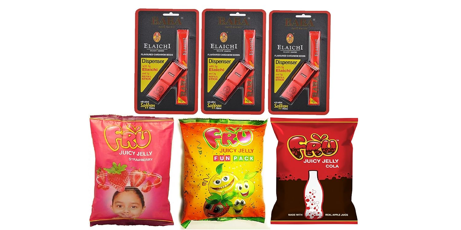 Amazon.com : BABA Fru Assorted,Cola,&Strawberry Jelly 108g & Elaichi ...