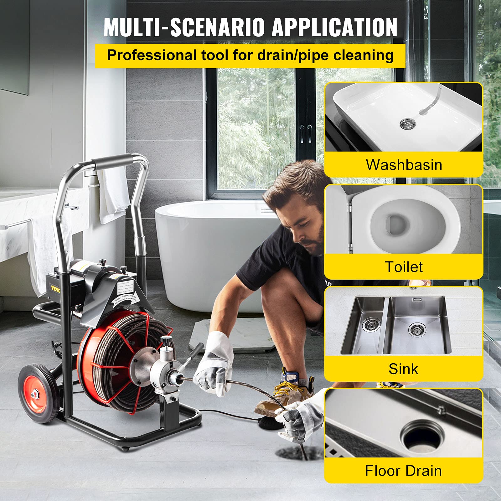 Mophorn 100FT x 3/8Inch Drain Cleaner Machine fit 1 Inch (25mm) to 4 ...